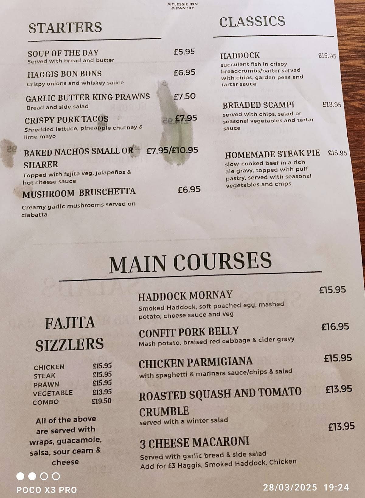 Menu at Pitlessie Village Inn and Pantry pub & bar, Pitlessie