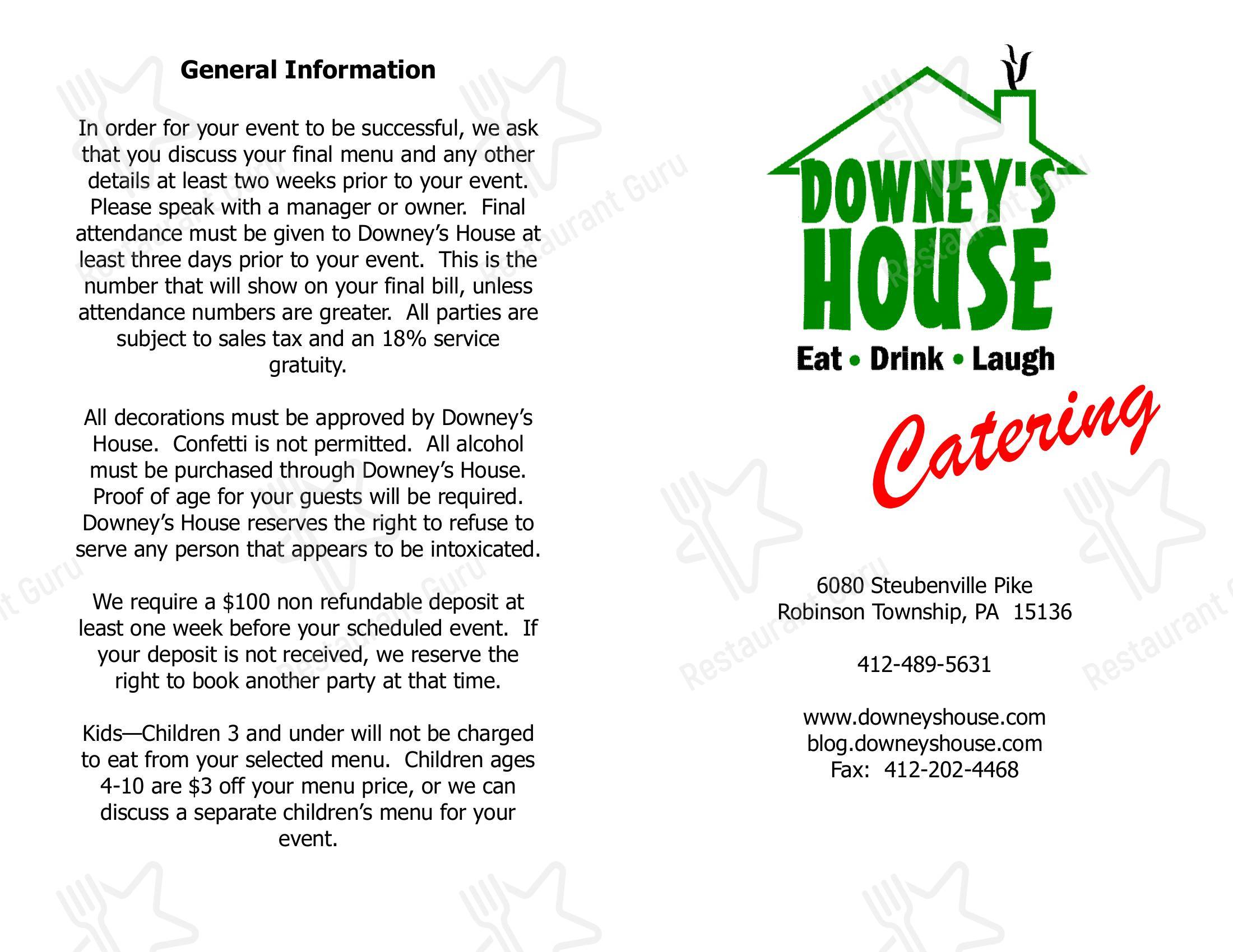 Menu at Downey's House restaurant, Robinson Township, Steubenville Pike