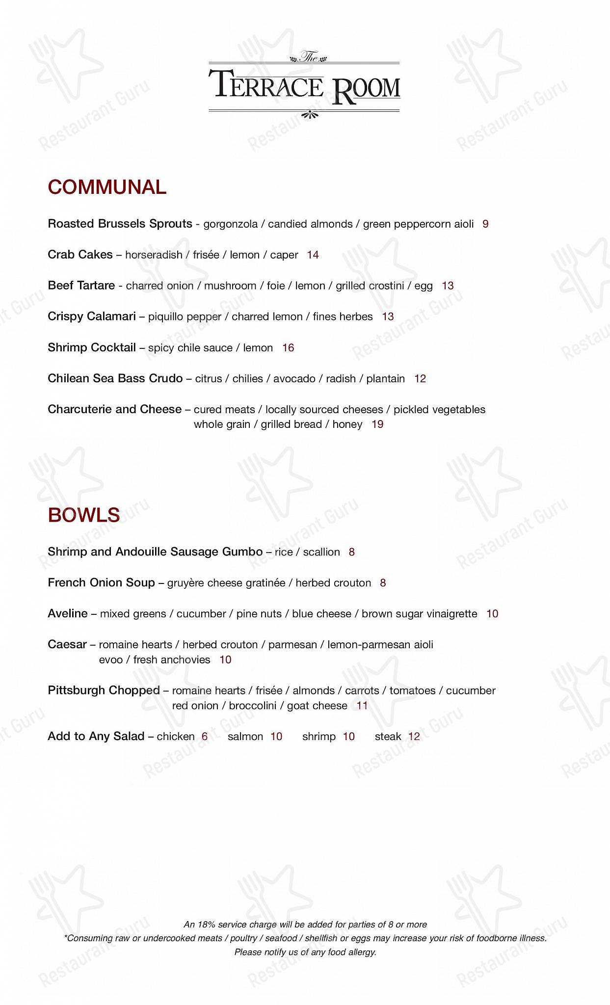 Menu at The Terrace Room restaurant, Pittsburgh
