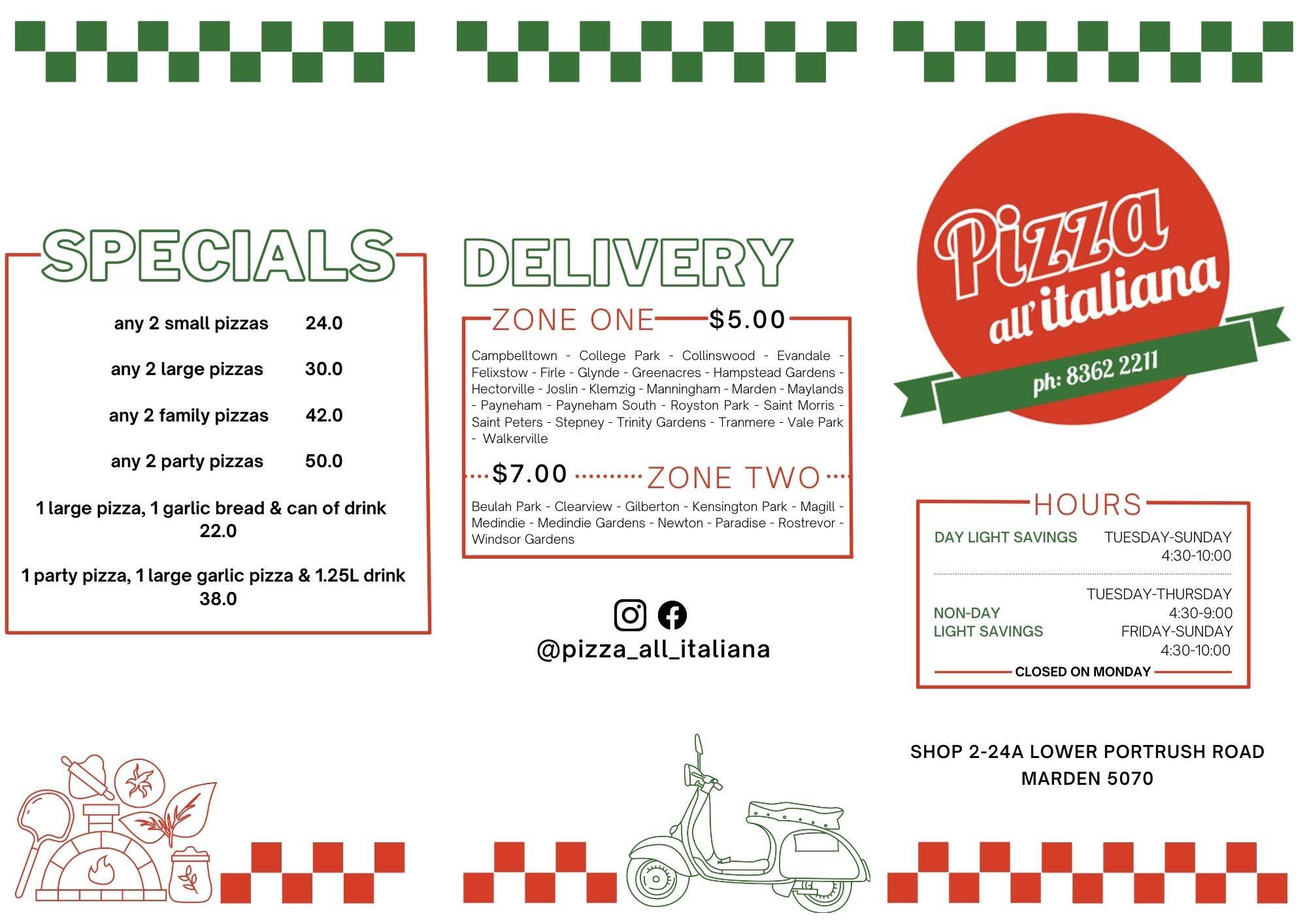 Menu at Pizza All'Italiana pizzeria, Marden