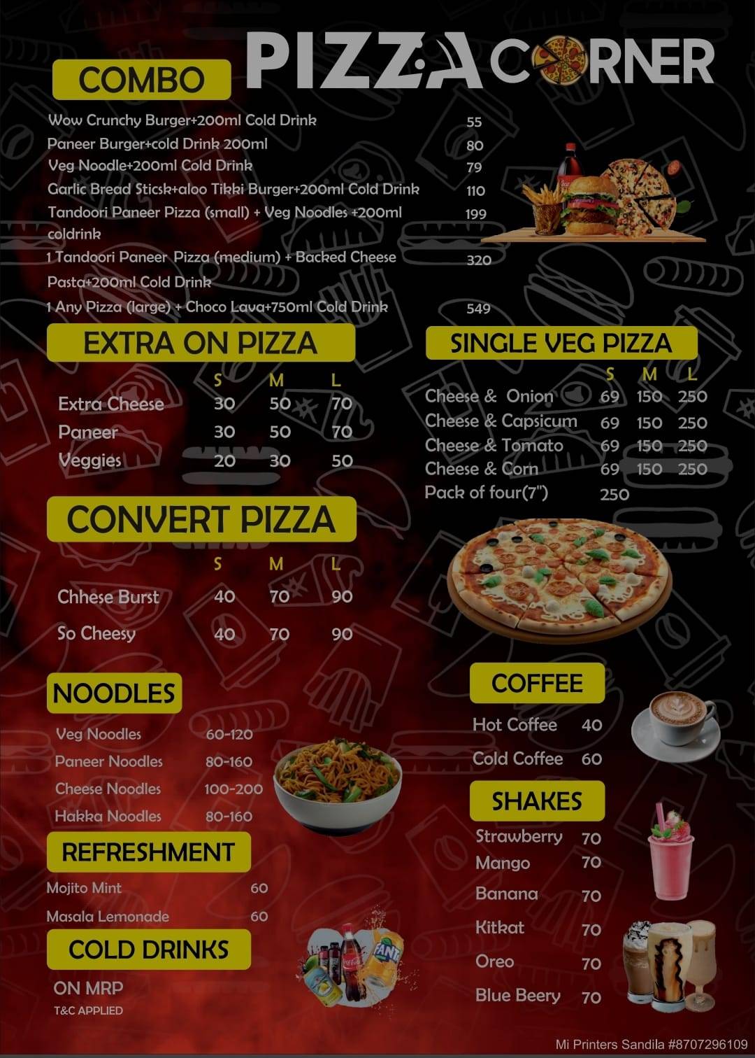 Menu at Pizza Corner, Sandila, Station Road