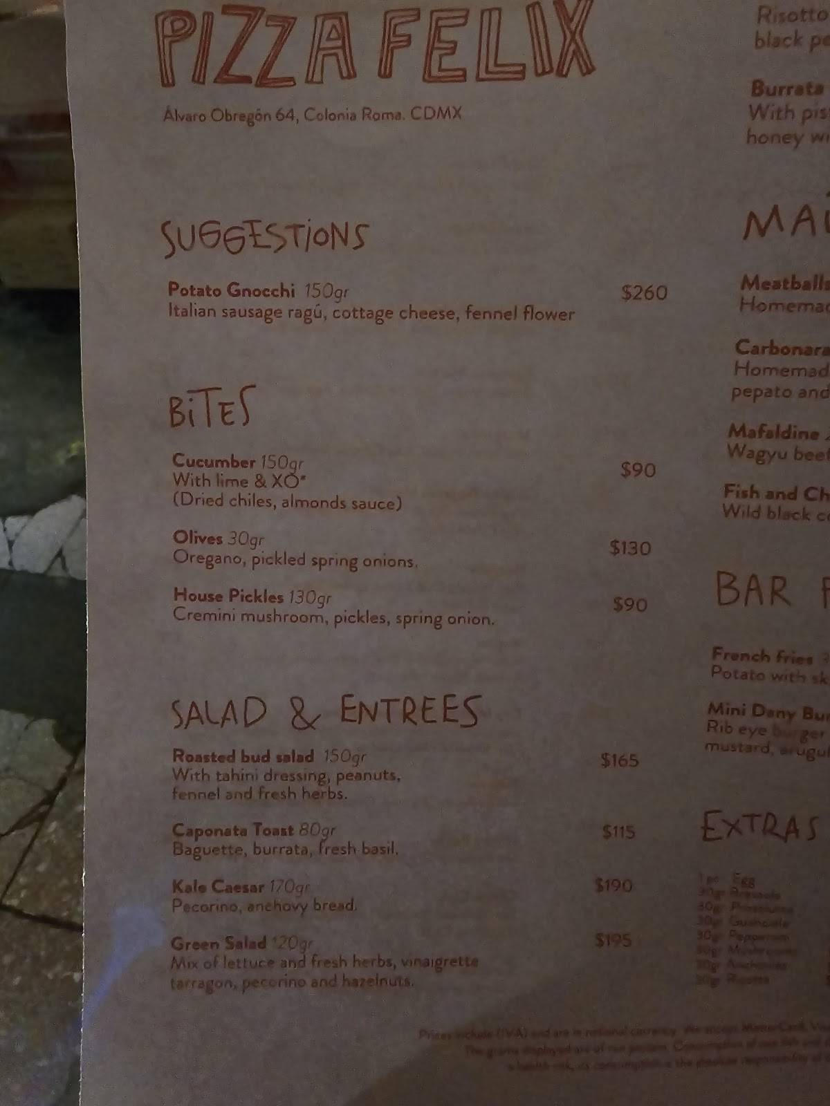 Carta del pub y bar Pizza Felix, Ciudad López Mateos, Av. Álvaro Obregón 64