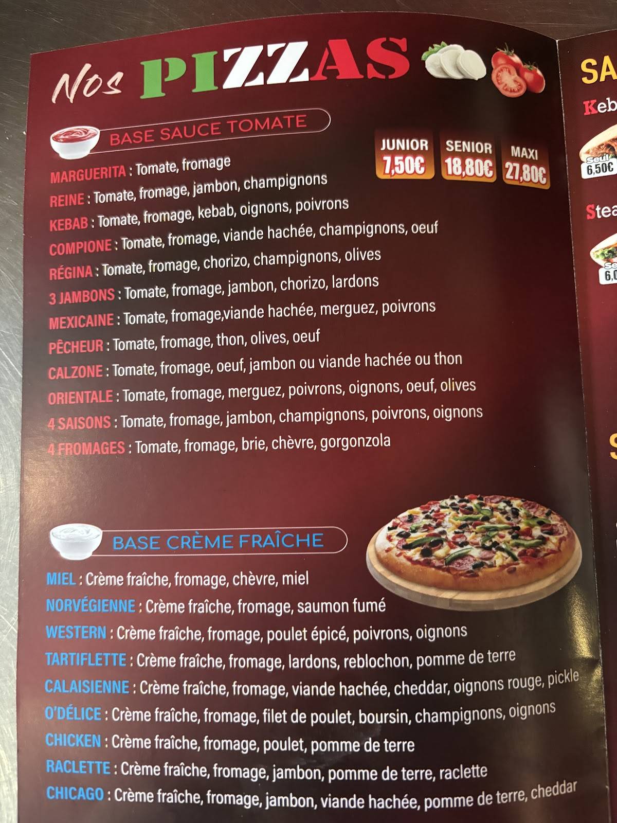 Menu au Pizza House restaurant, Marck