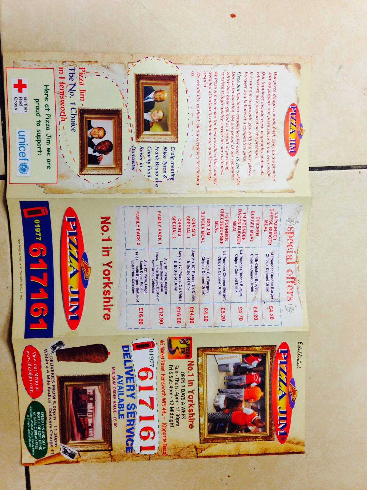 Menu at Pizza Jim pizzeria, South Kirkby