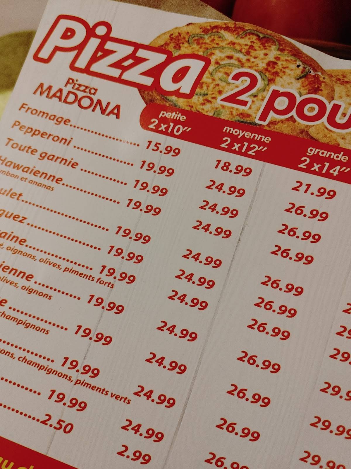 Menu au Pizza Madona pizzeria, Montréal, Ontario St E