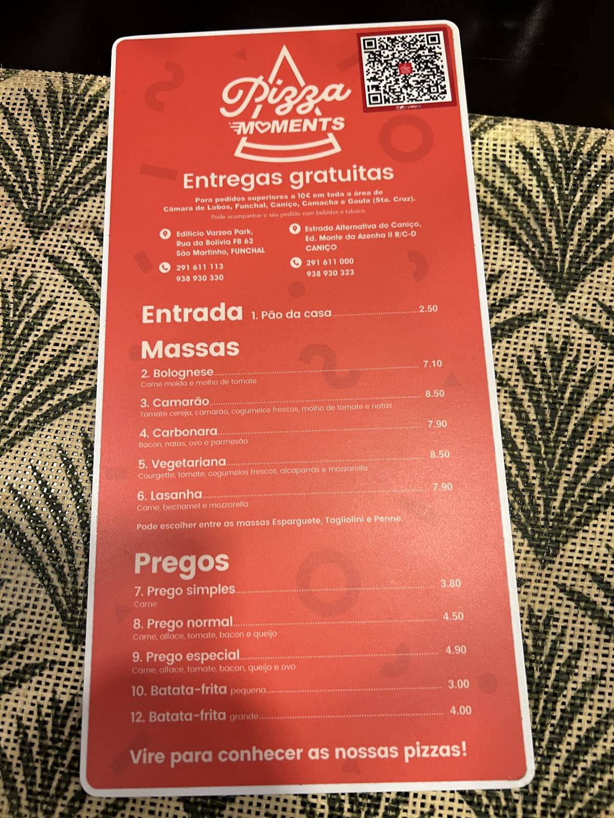 Menu em Pizza Moments ll restaurante, Caniço