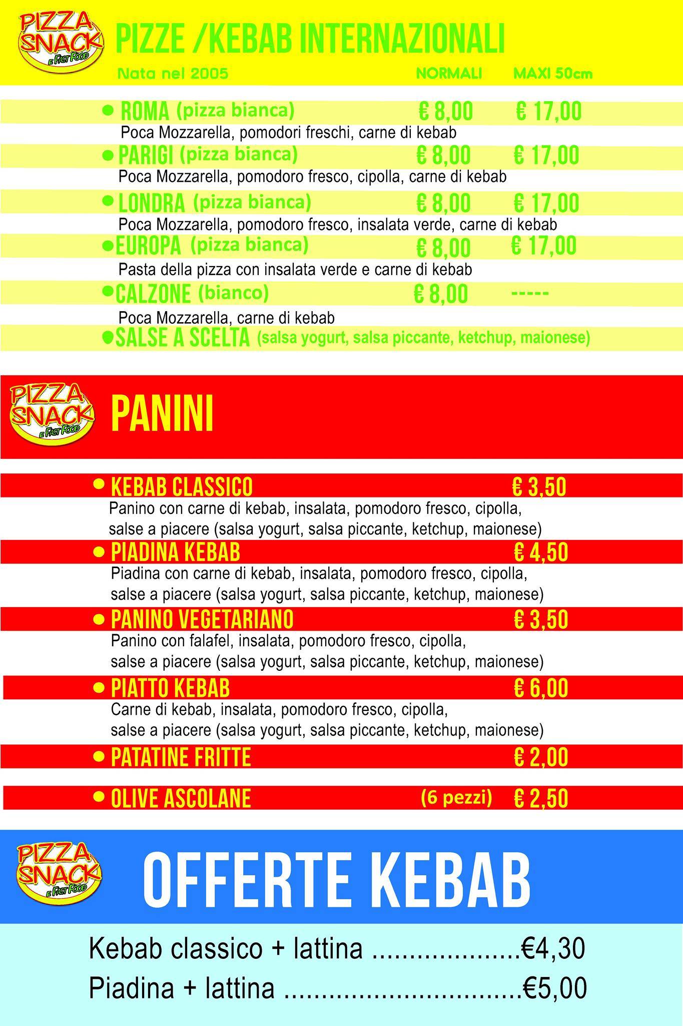 Menu au Pizza Snack restaurant, Trente