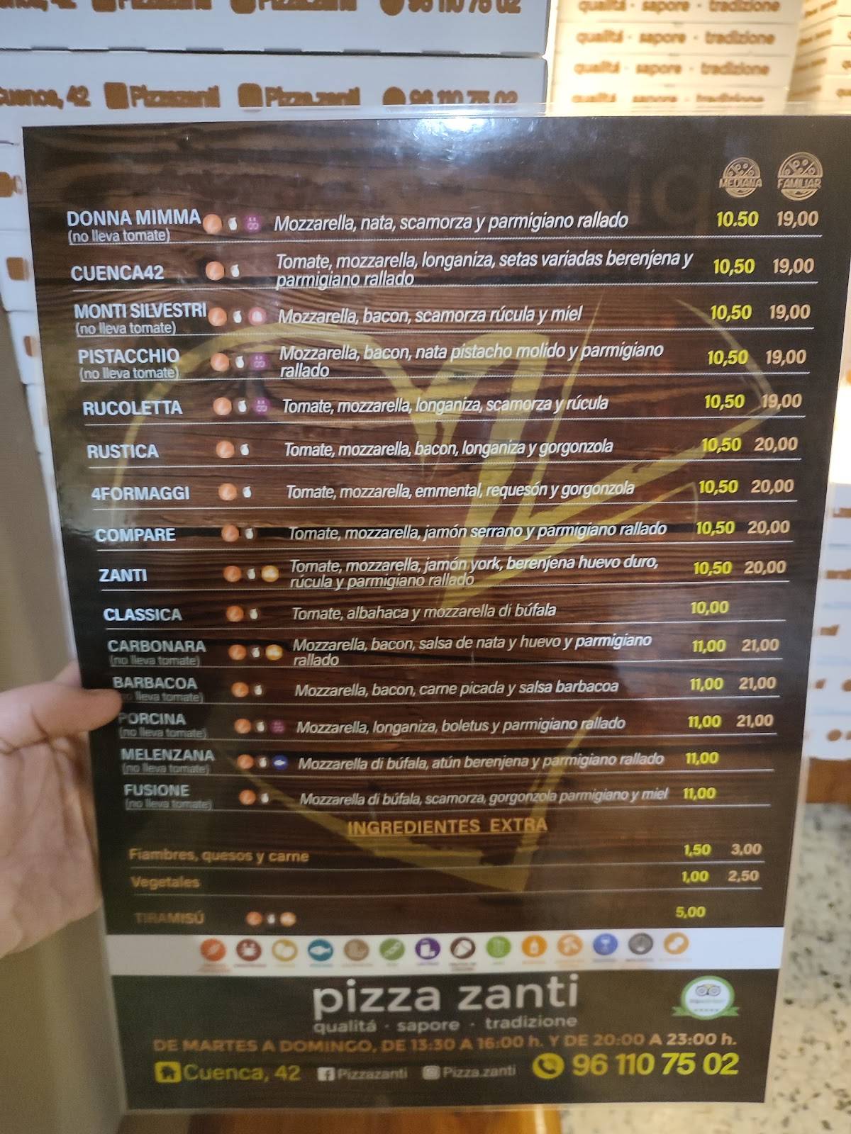Carta de pizzería Pizza Zanti, Valencia, C/ de Conca
