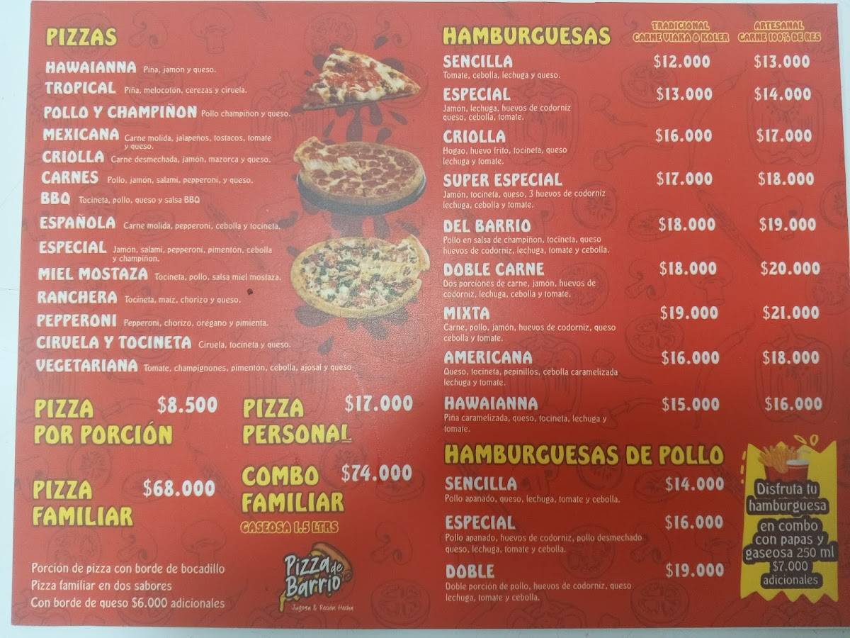 Carta de Pizza de barrio, Bogotá