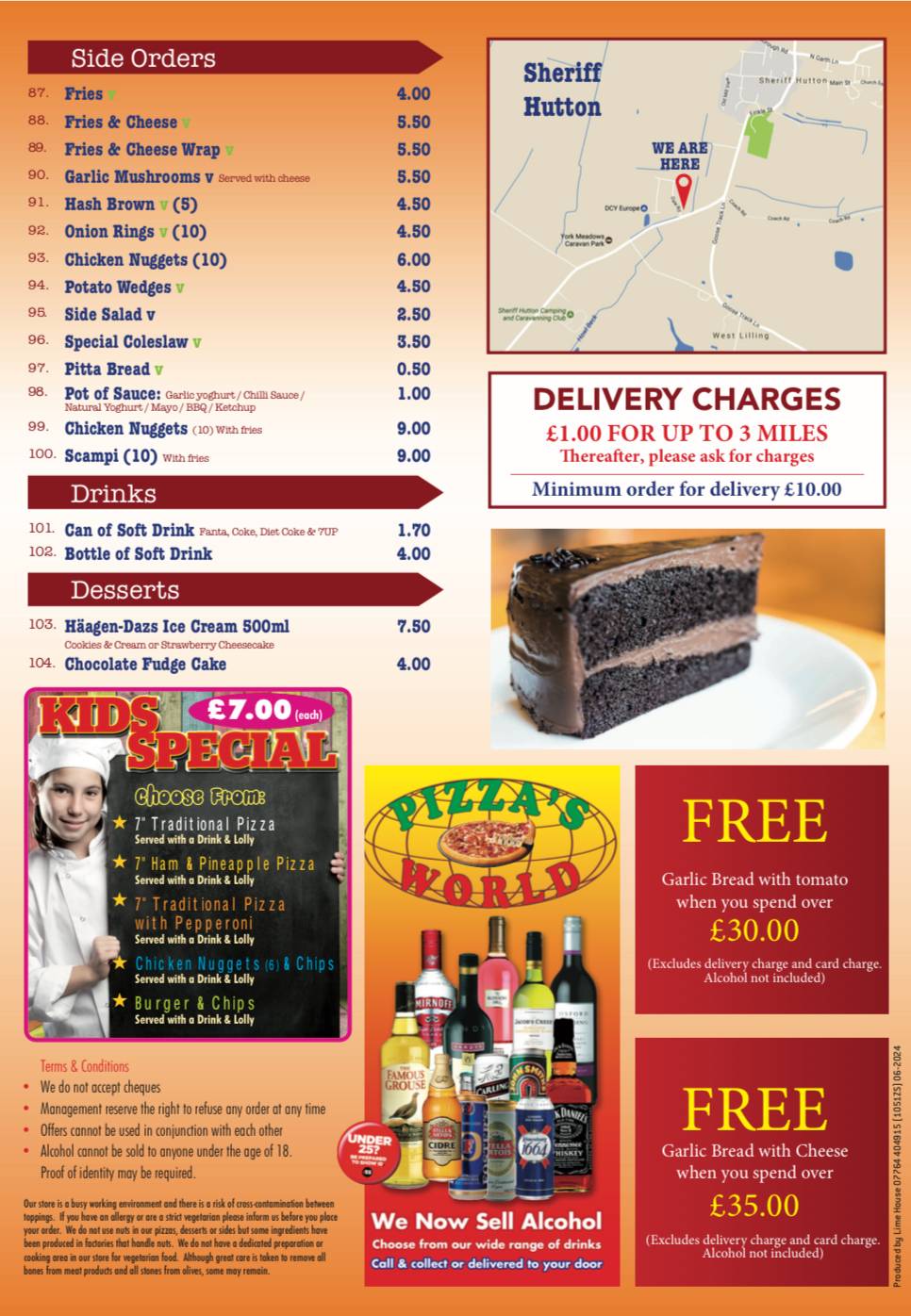 Menu at Pizza’s World restaurant, Sheriff Hutton