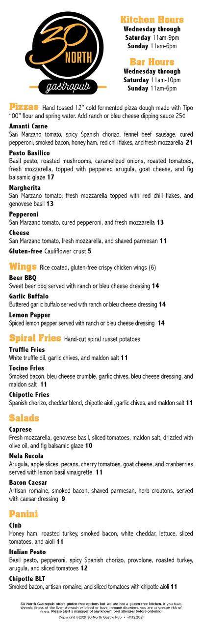 Menu at 30 North pizzeria, Brenham