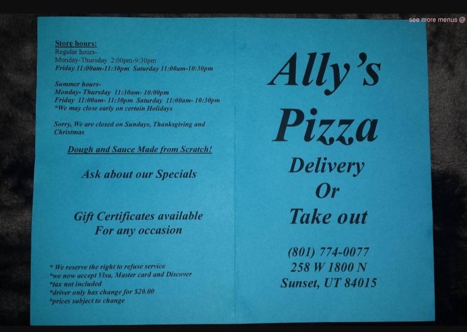 Menu at Ally's Pizza pizzeria, Sunset