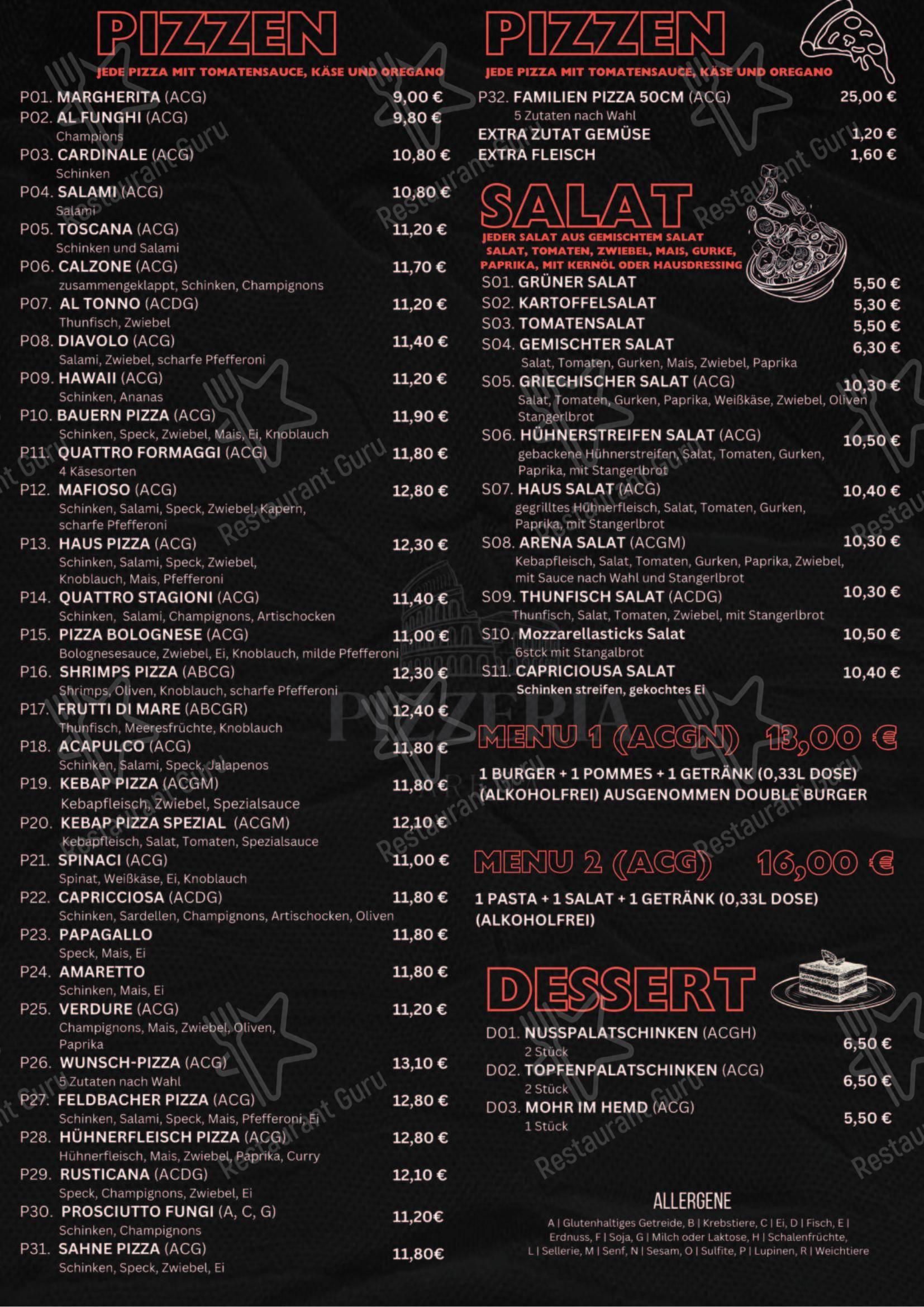 Menu at Pizzeria Arena, Feldbach