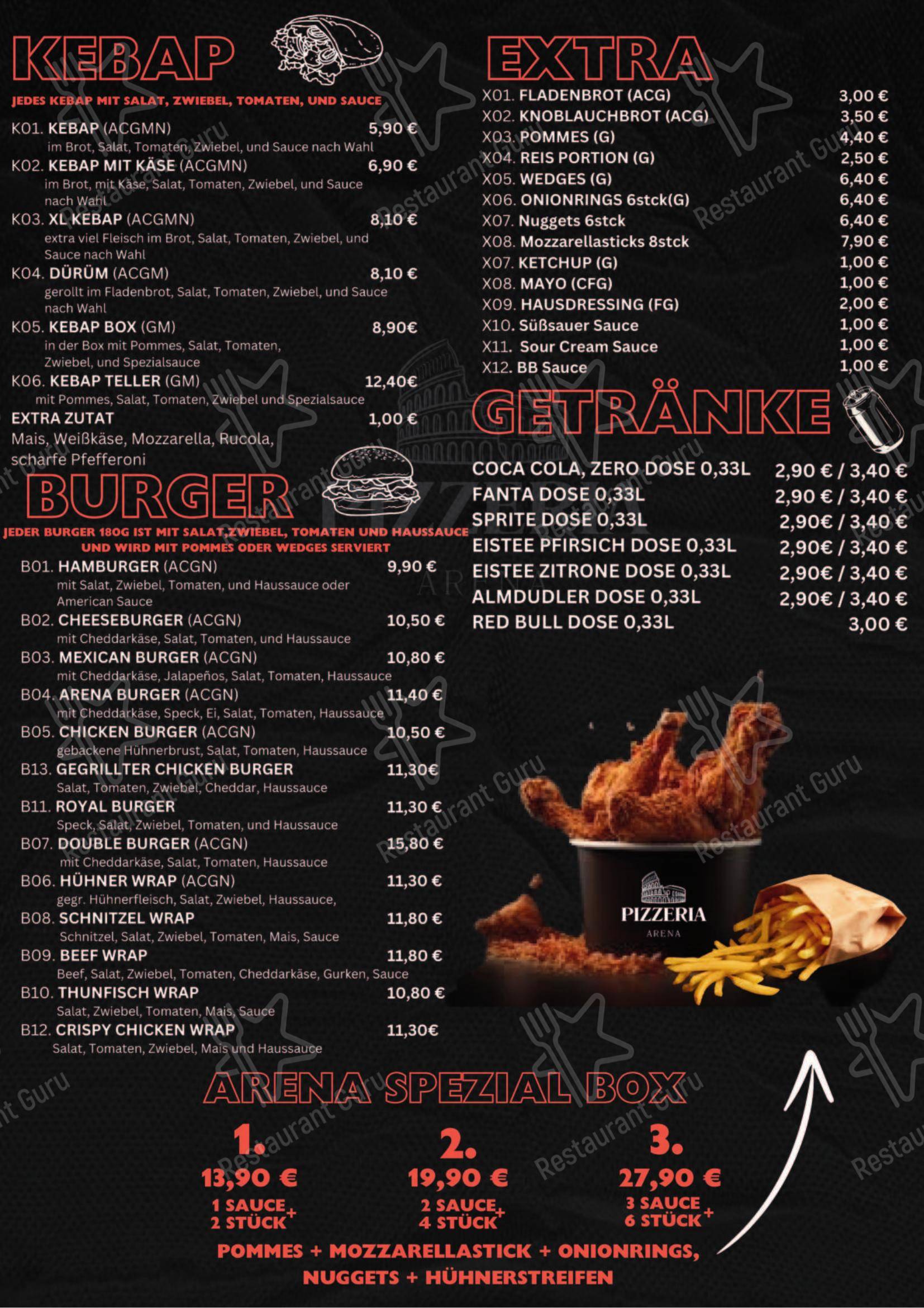 Menu at Pizzeria Arena, Feldbach