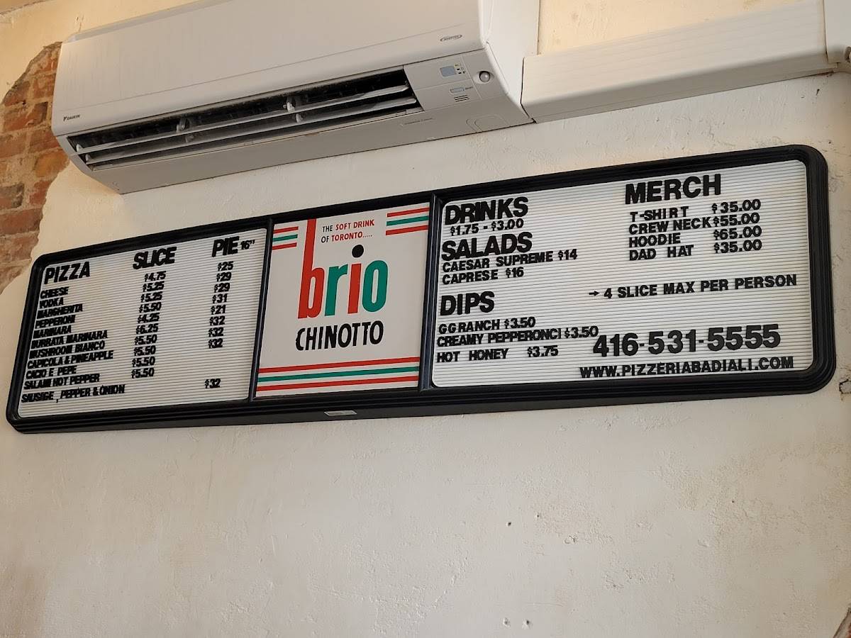 Menu at Pizzeria Badiali, Toronto