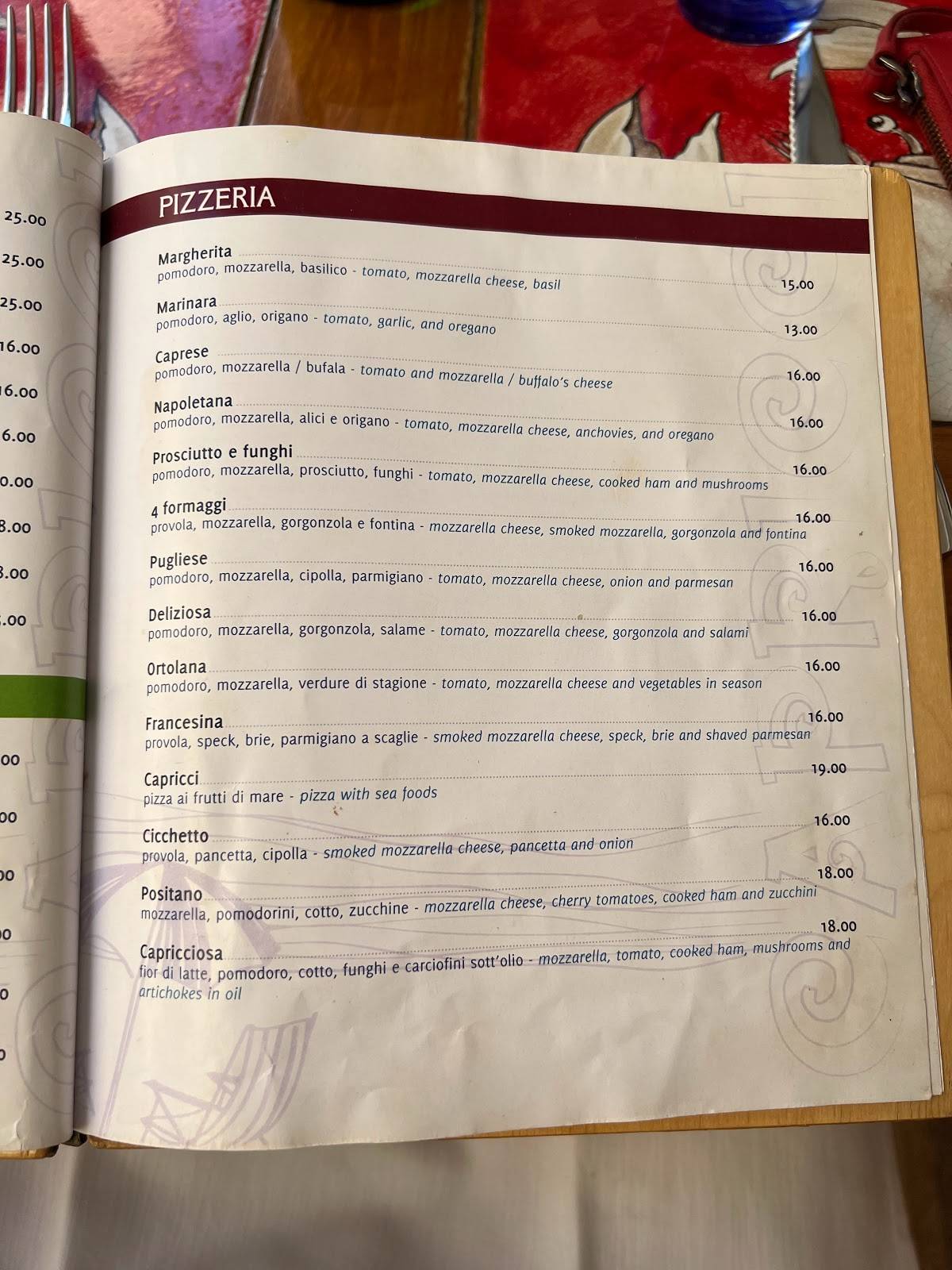 Menu at Capricci pizzeria, Positano