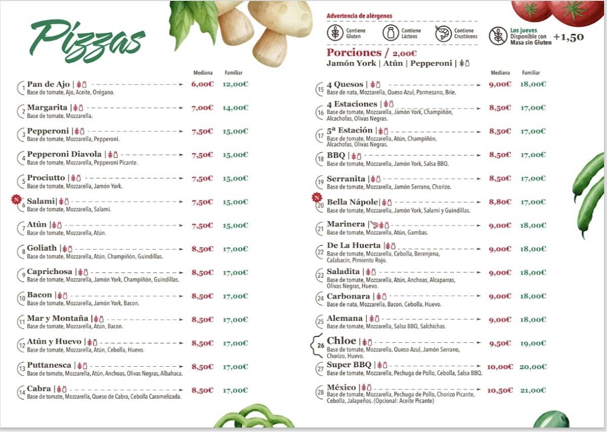 Carta de Pizzería Chloe, Albatera
