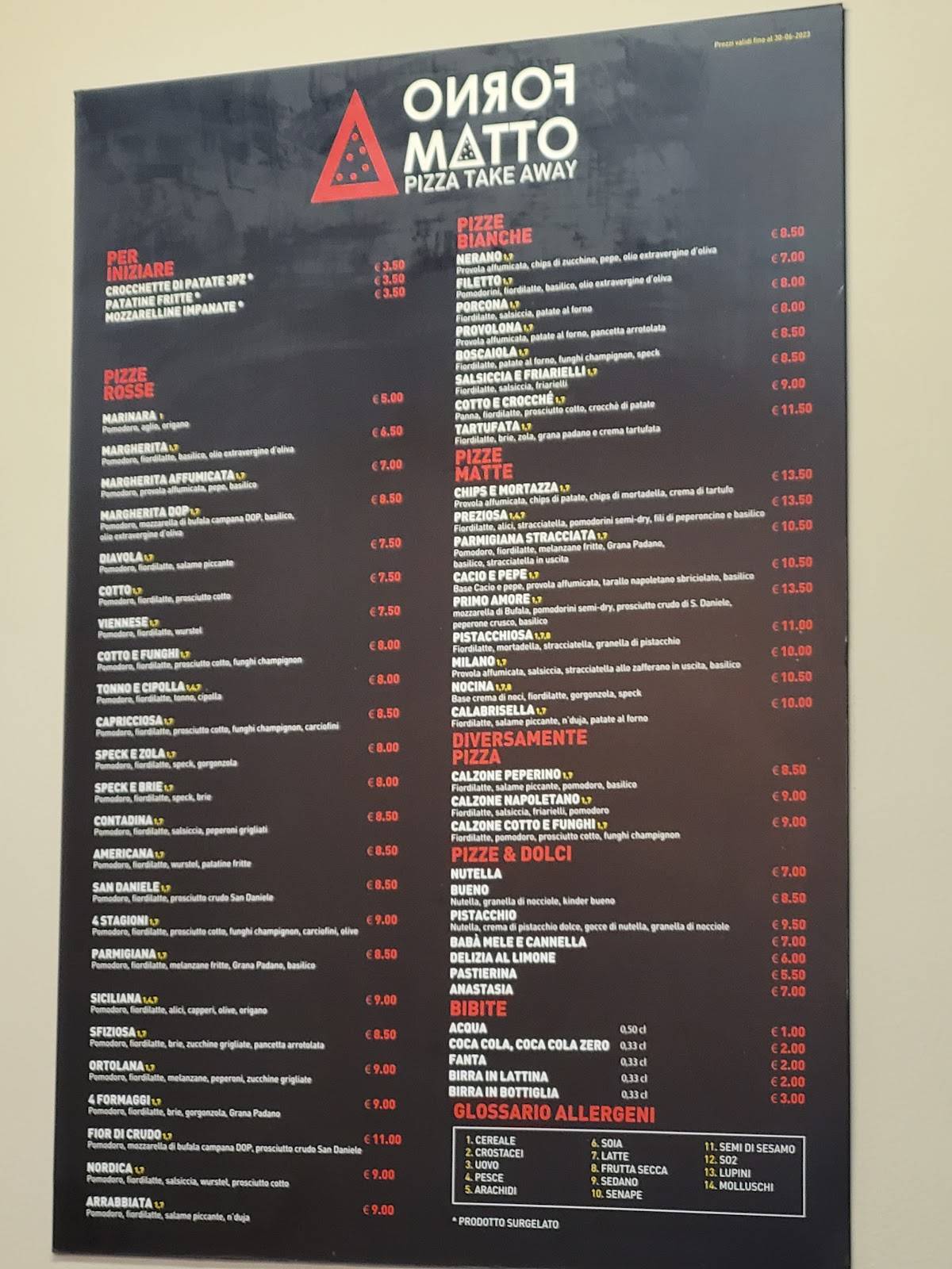 Menu da Forno Matto pizzeria, Udine