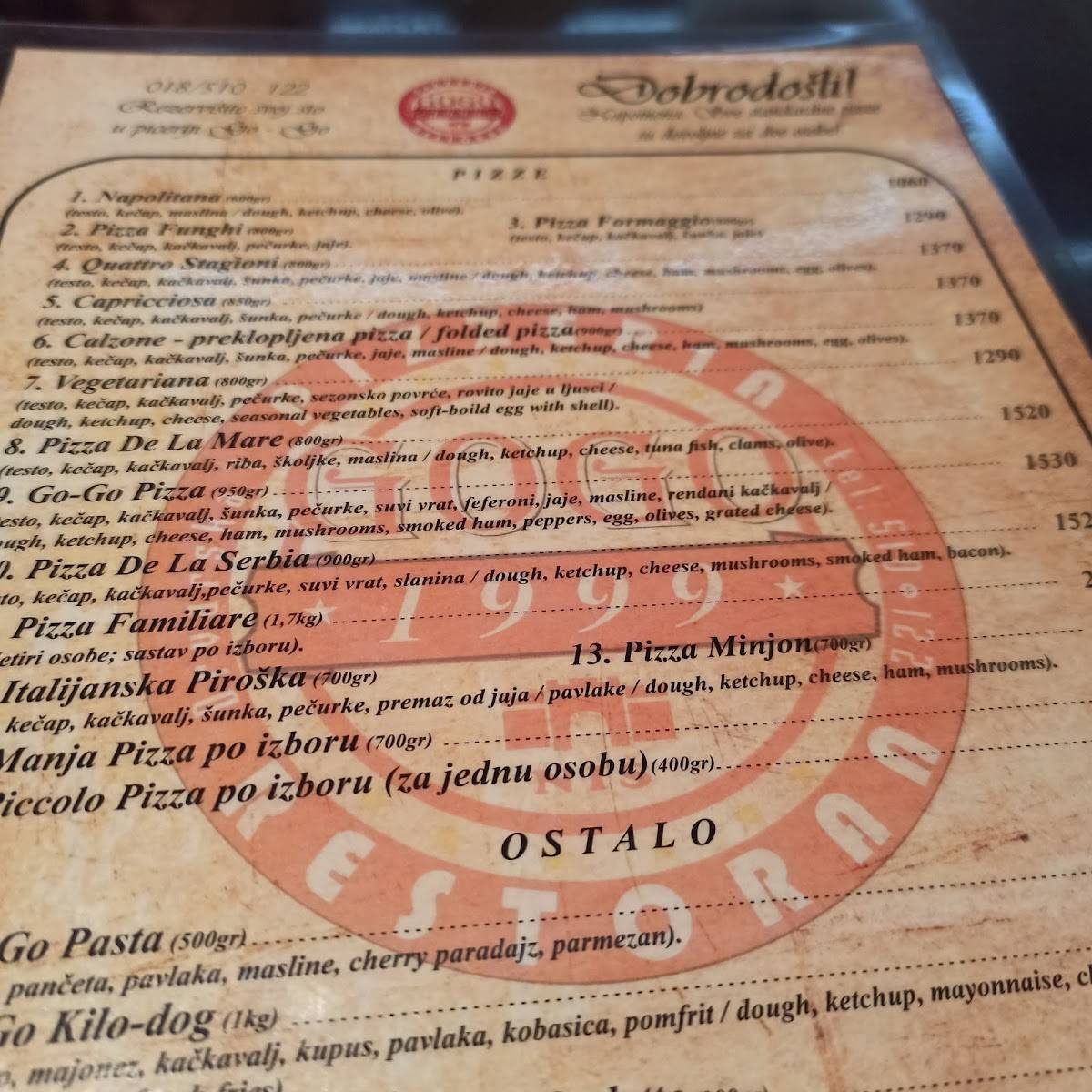 Menu at Pizzeria Go-Go, Niš