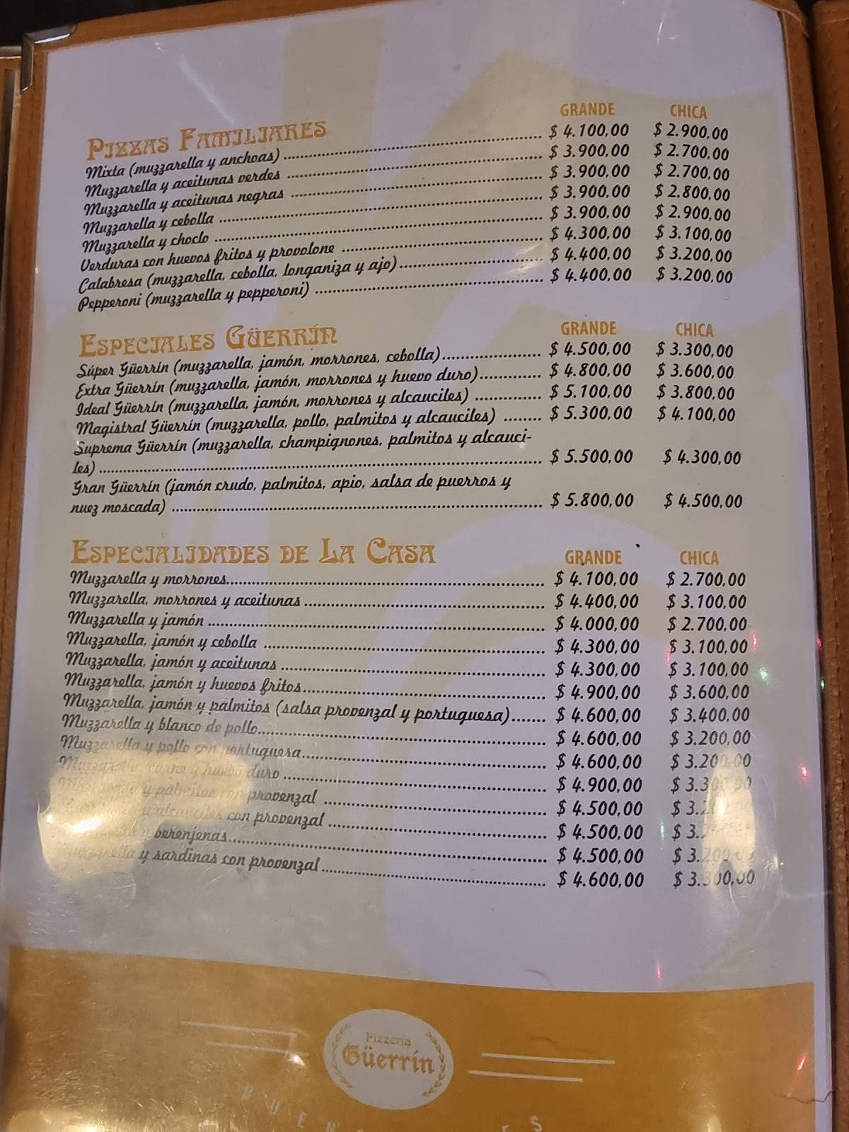 Menu at Pizzería Güerrín, Buenos Aires