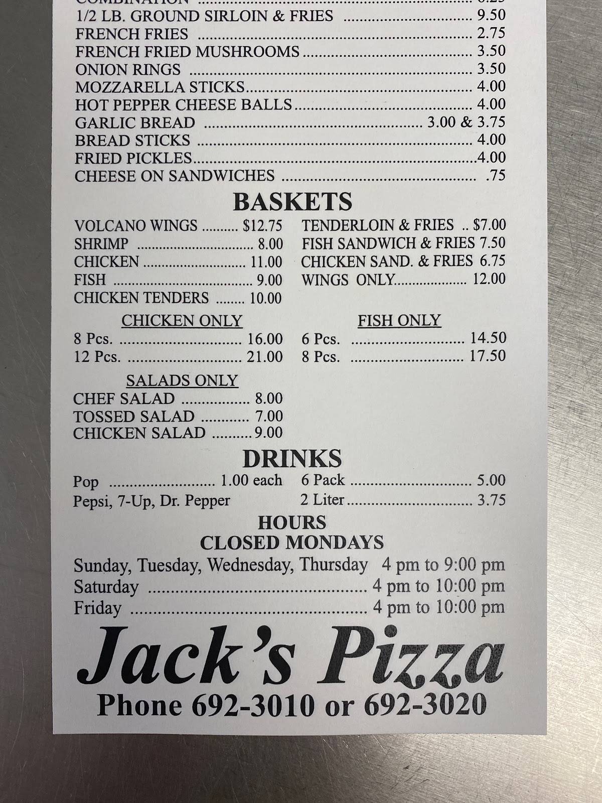 Menu at Jack's Pizza pizzeria, Delphos