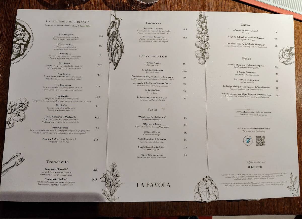 Menu au La Favola pizzeria, Nice, 13 Cours Saleya