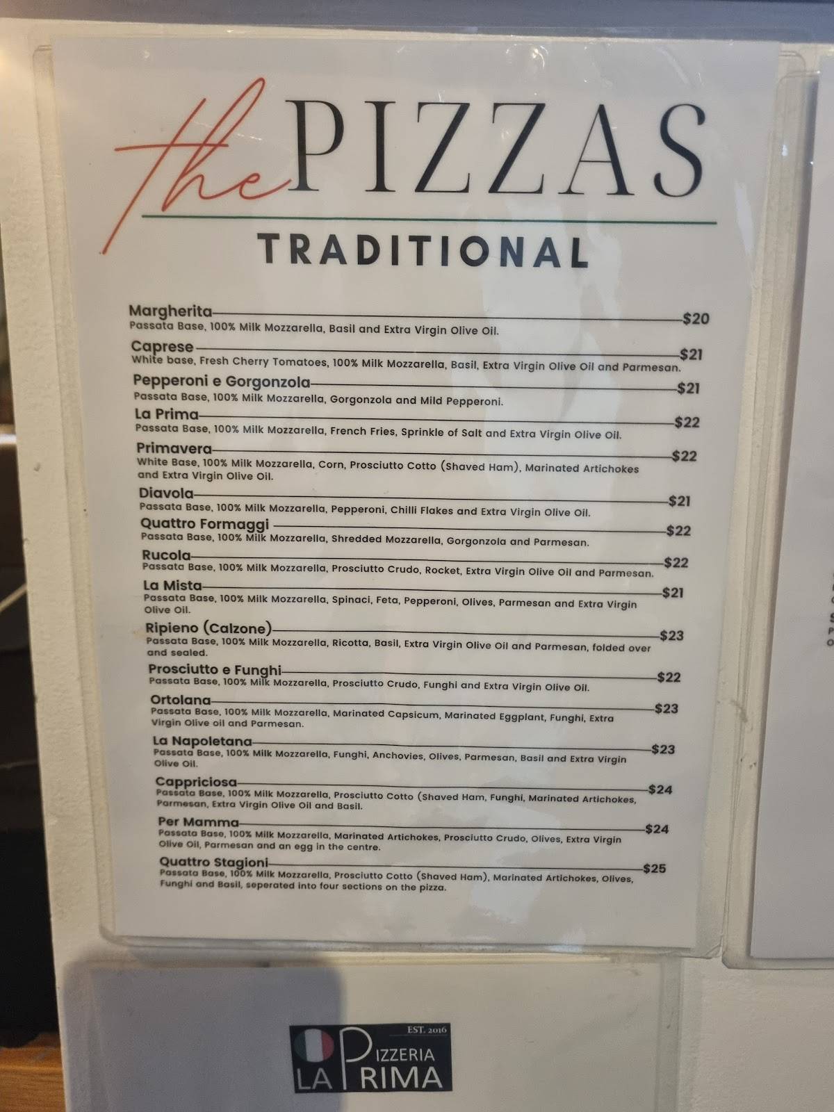 Menu at Pizzeria La Prima, Springfield Central, 3/1 Ian Keilar Dr