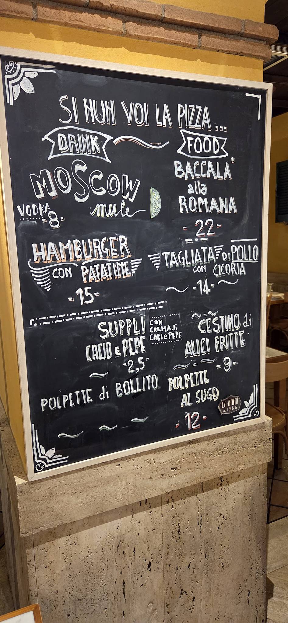 Menu da Li Rioni a Santiquattro pizzeria, Roma, Via dei SS. Quattro
