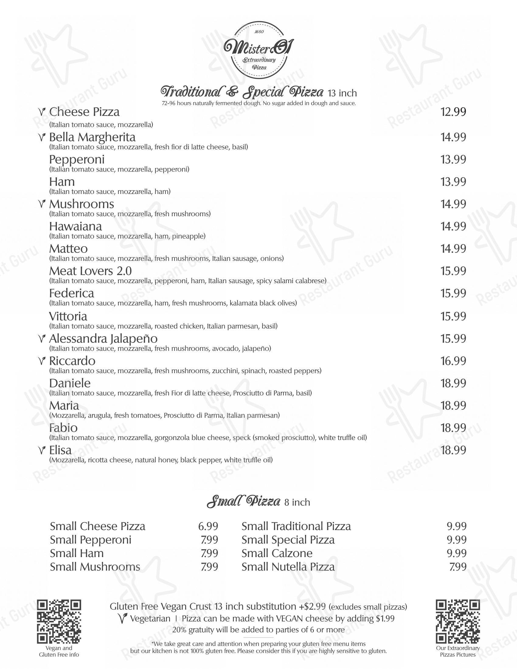 Menu at Mister O1 pizzeria, Miami Beach, Michigan Ave Ste 101