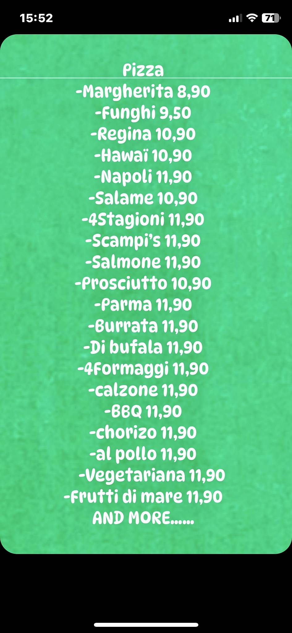 Menu au Pizzeria NONO & NONA, Zaventem