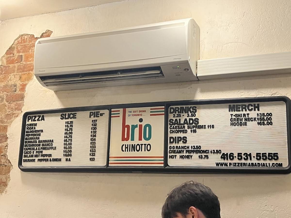 Menu at Pizzeria Badiali, Toronto