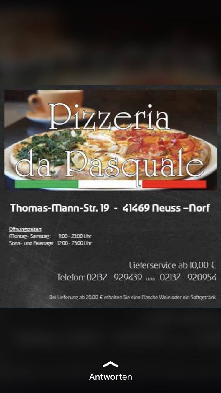 Speisekarte von Pizzeria da Pasquale In Norf, Neuss, Thomas-Mann-Straße 19