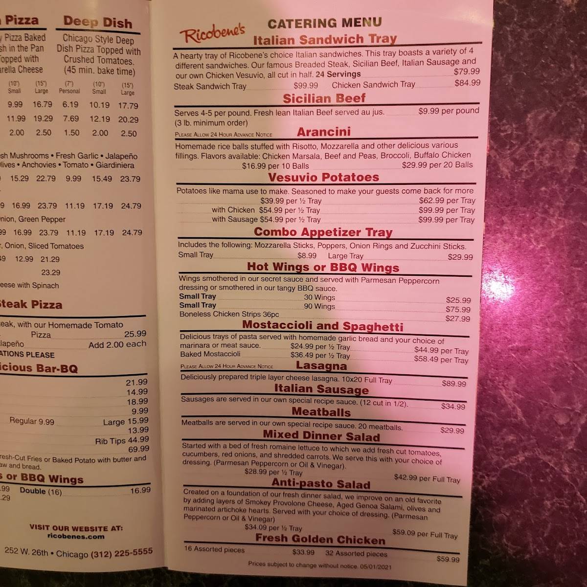 Menu at Ricobene's pizzeria, Chicago, 252 W 26th St