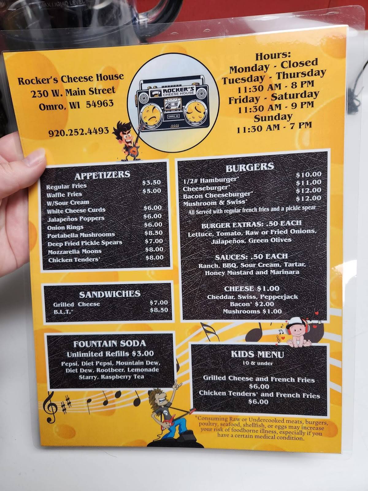 Menu at Rockers Cheese House pizzeria, Omro