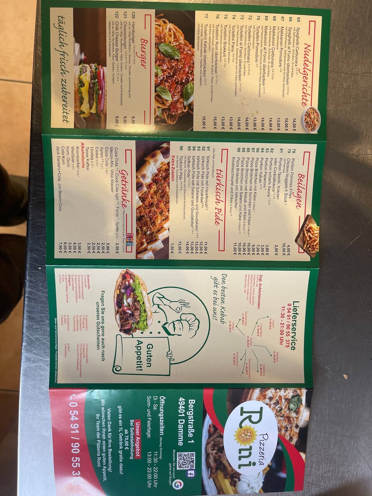 Speisekarte von Pizzeria Roni, Damme