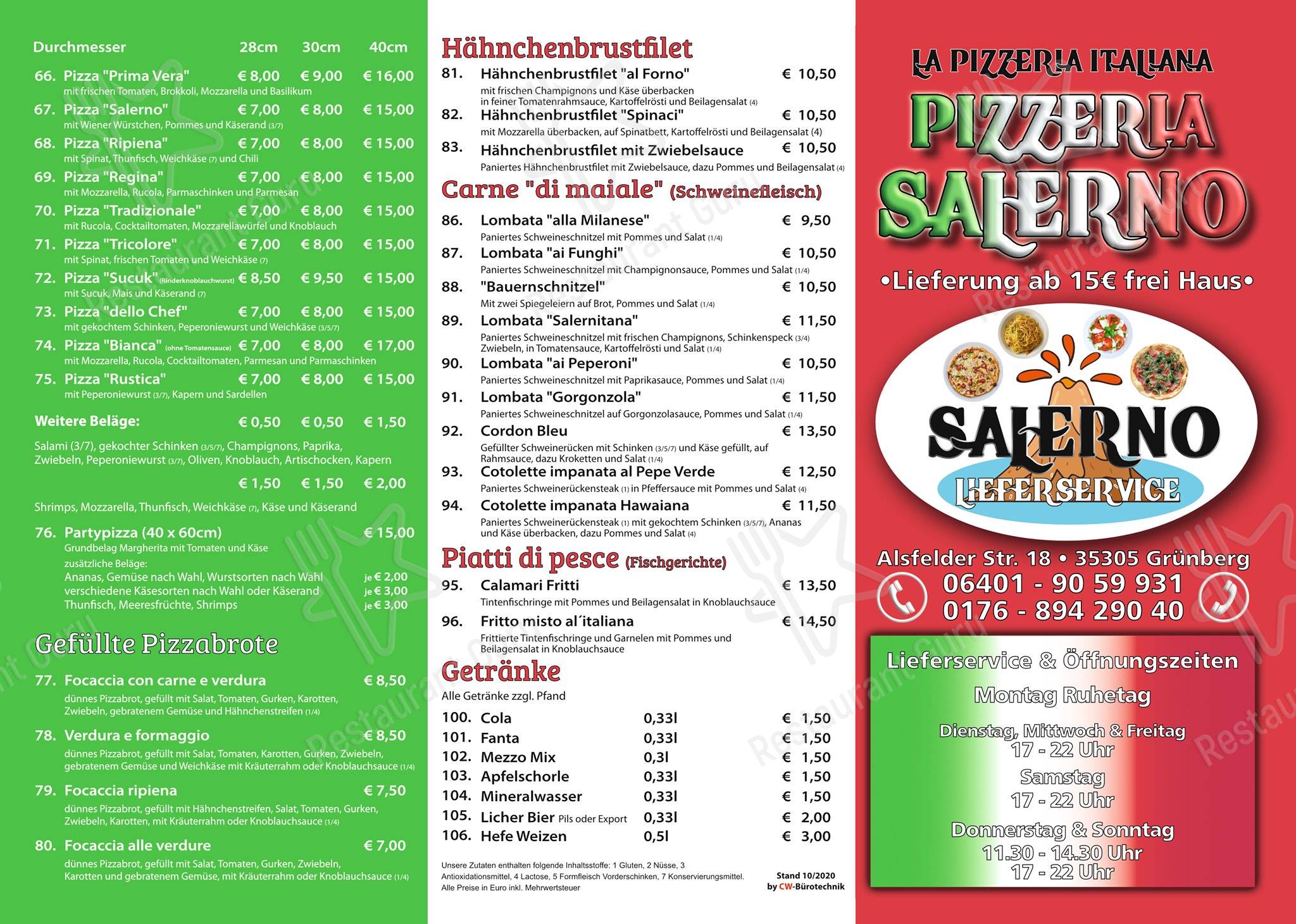 Speisekarte von Pizzeria Salerno, Grünberg