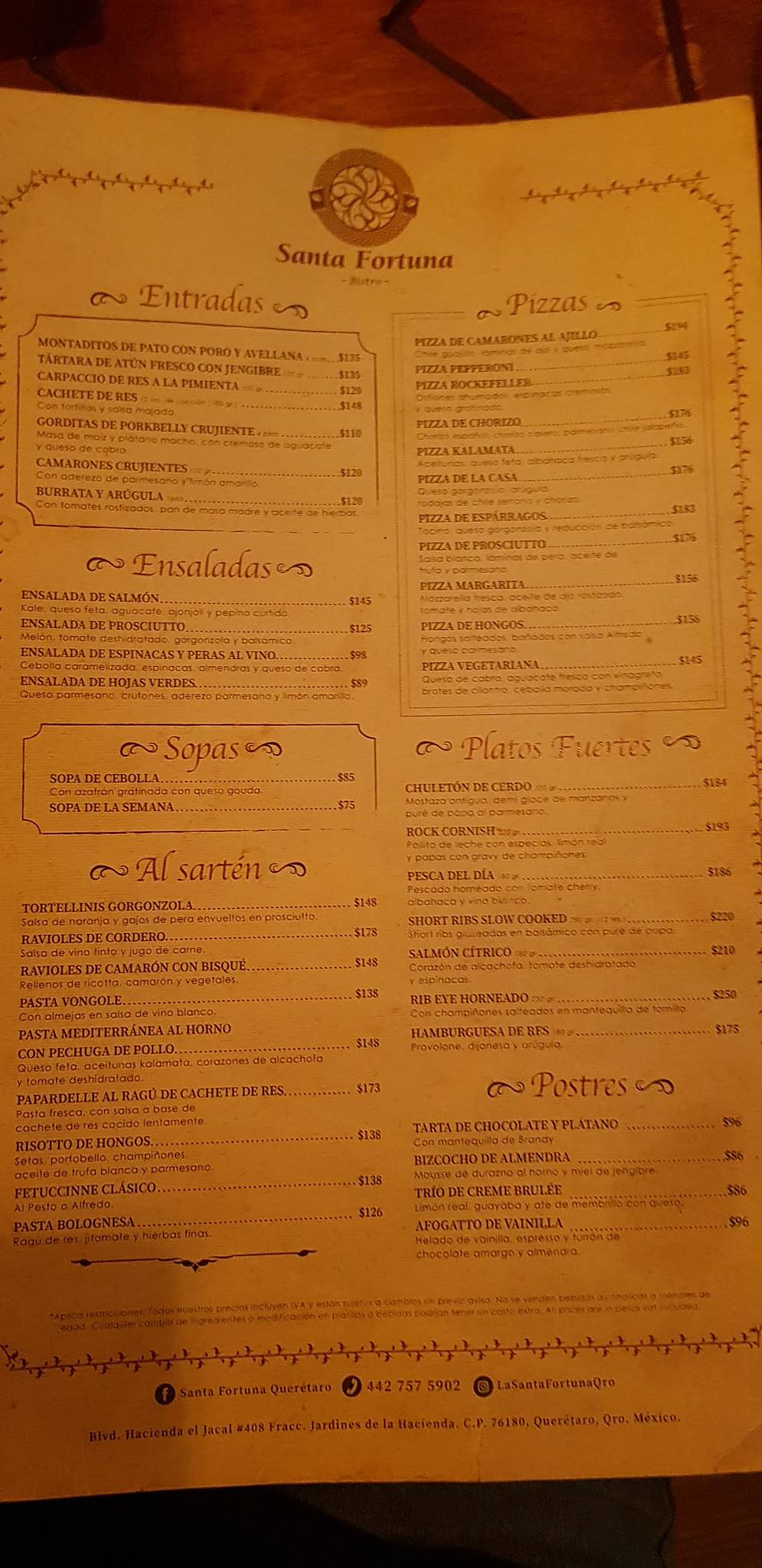 Carta de pizzería Santa Fortuna - Bistro, Santiago de Querétaro, Blvrd ...