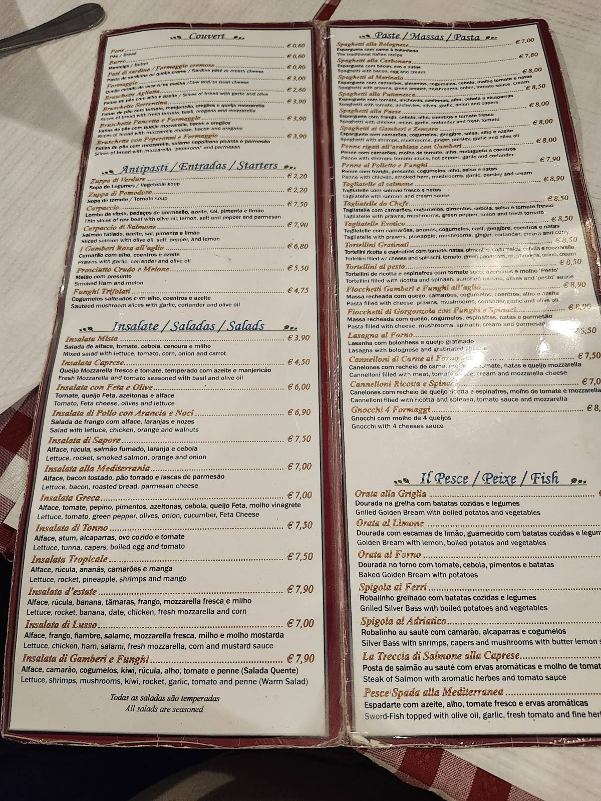 Menu at Sapore pizzeria, Lisbon