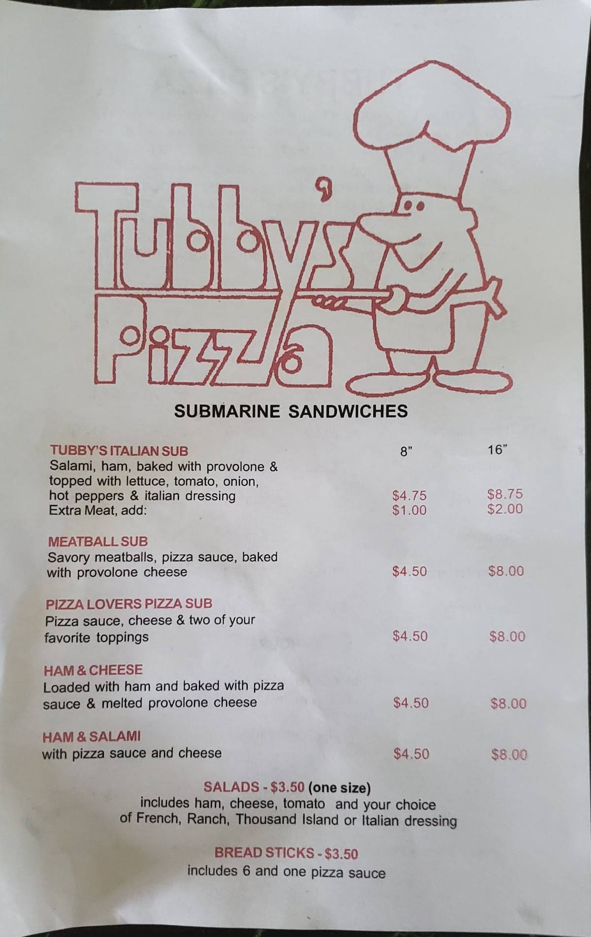 Menu at Tubby's Pizza pizzeria, Marion