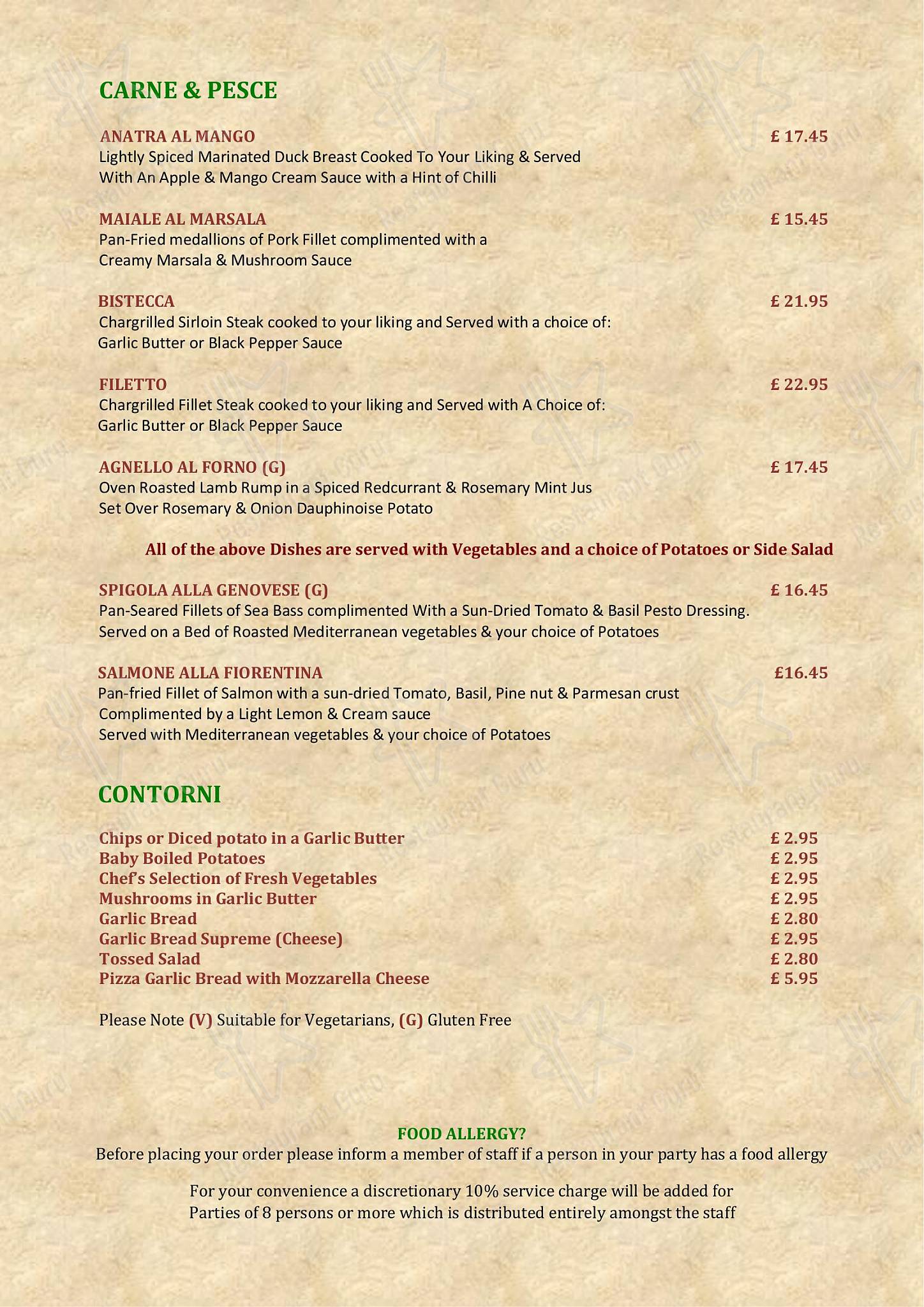 Menu at Villa Italia pizzeria, Belfast