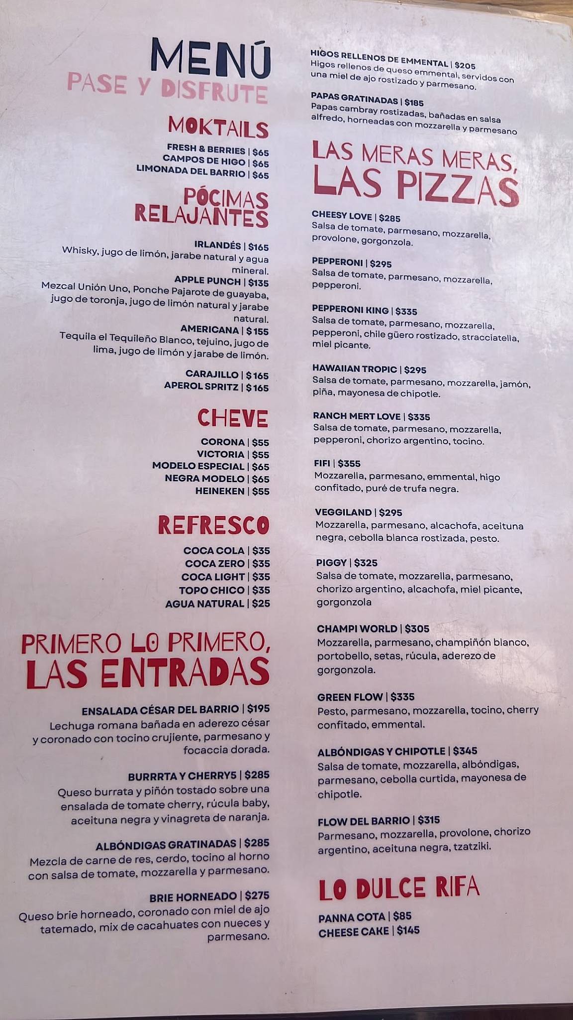 Carta de Pizzería de Barrio, Guadalajara
