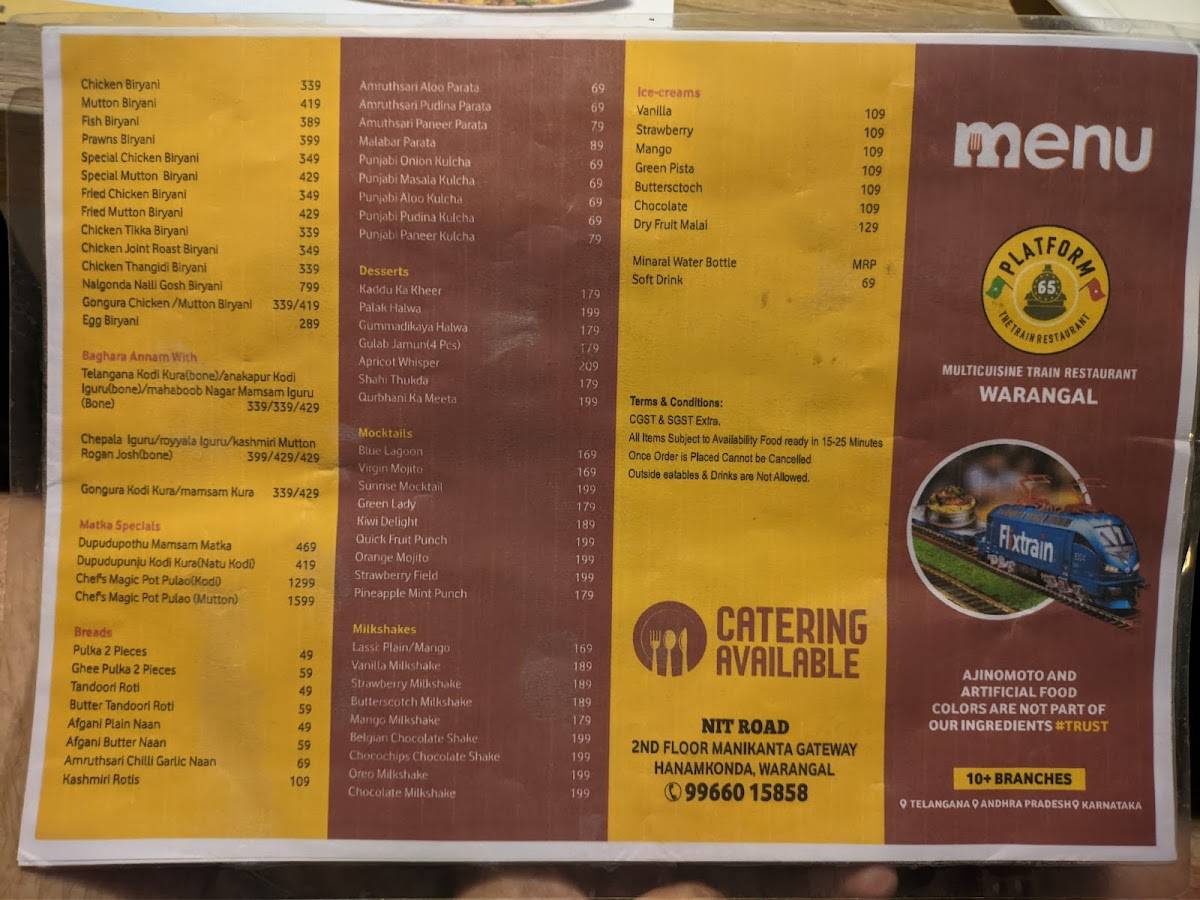 Menu at Platform 65 - The Train Theme Restaurant Warangal, Hanamkonda