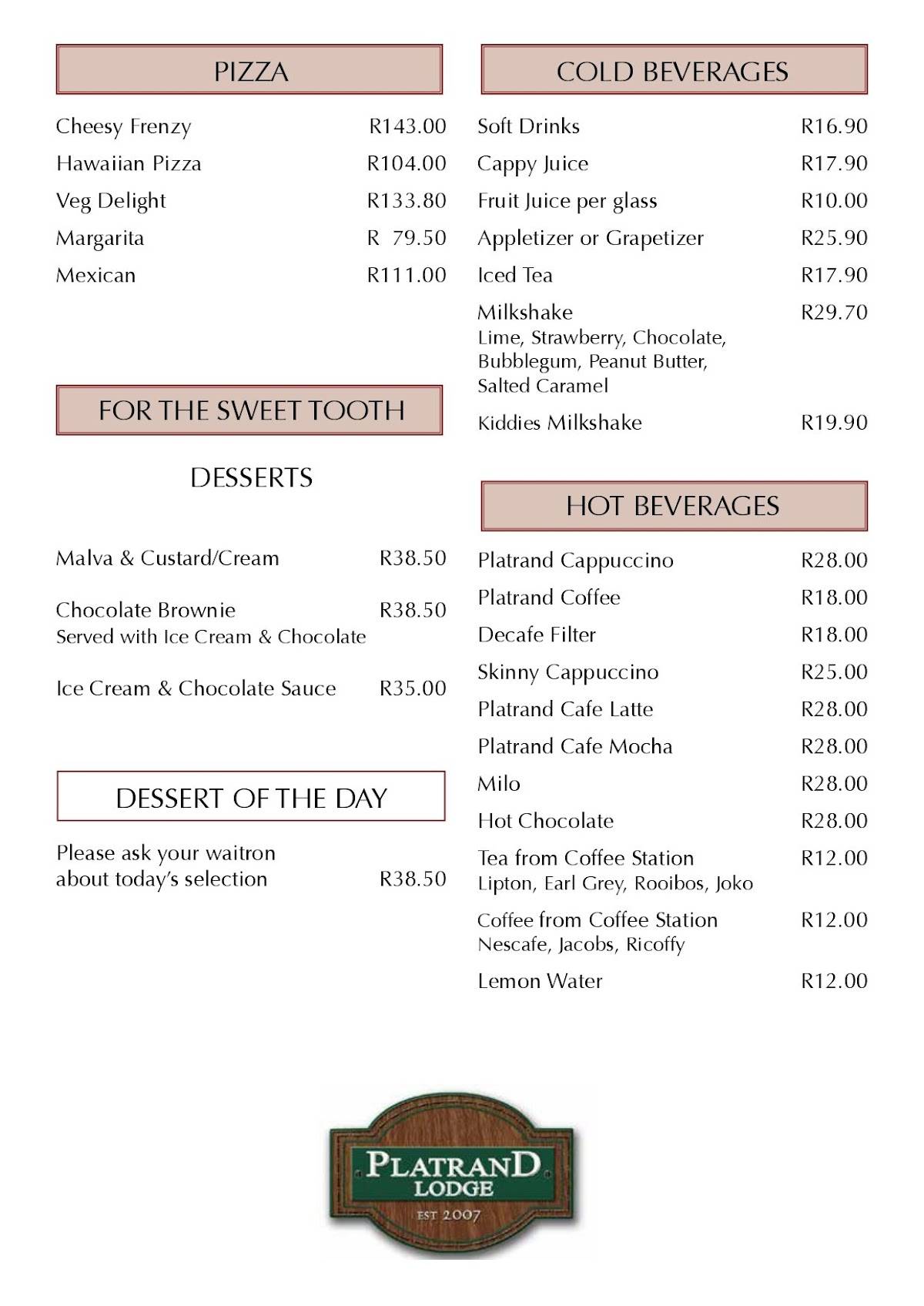 Menu at Platrand Lodge restaurant, Ladysmith
