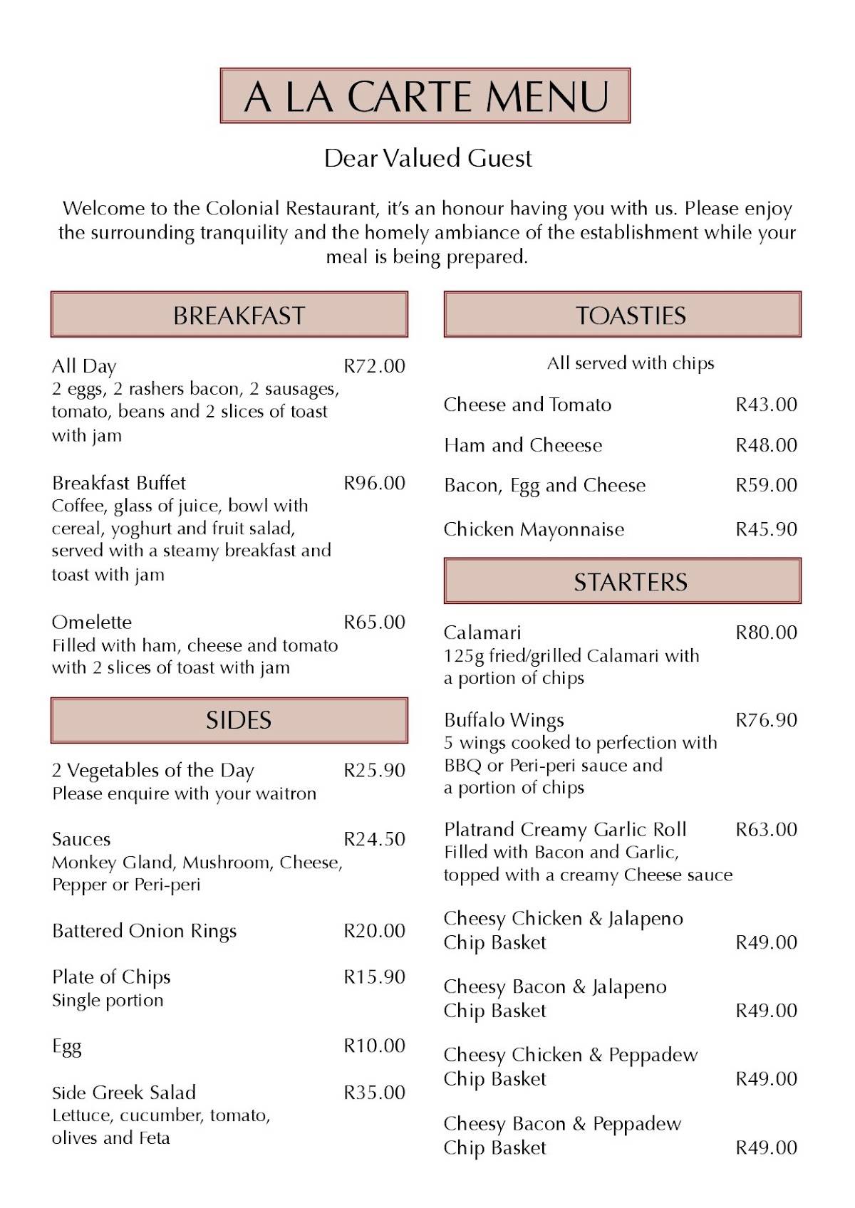 Menu at Platrand Lodge restaurant, Ladysmith