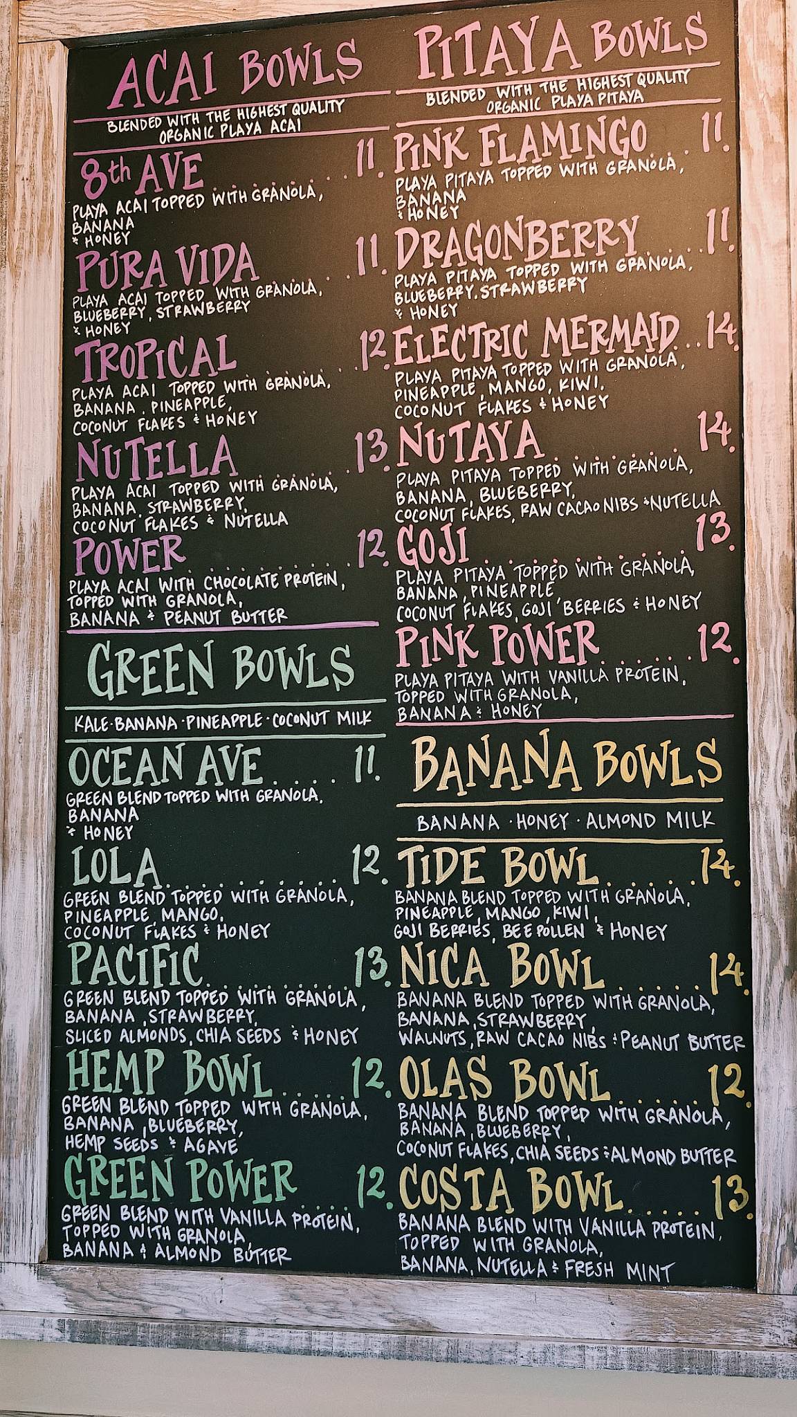 Menu at Playa Bowls restaurant, Summerville