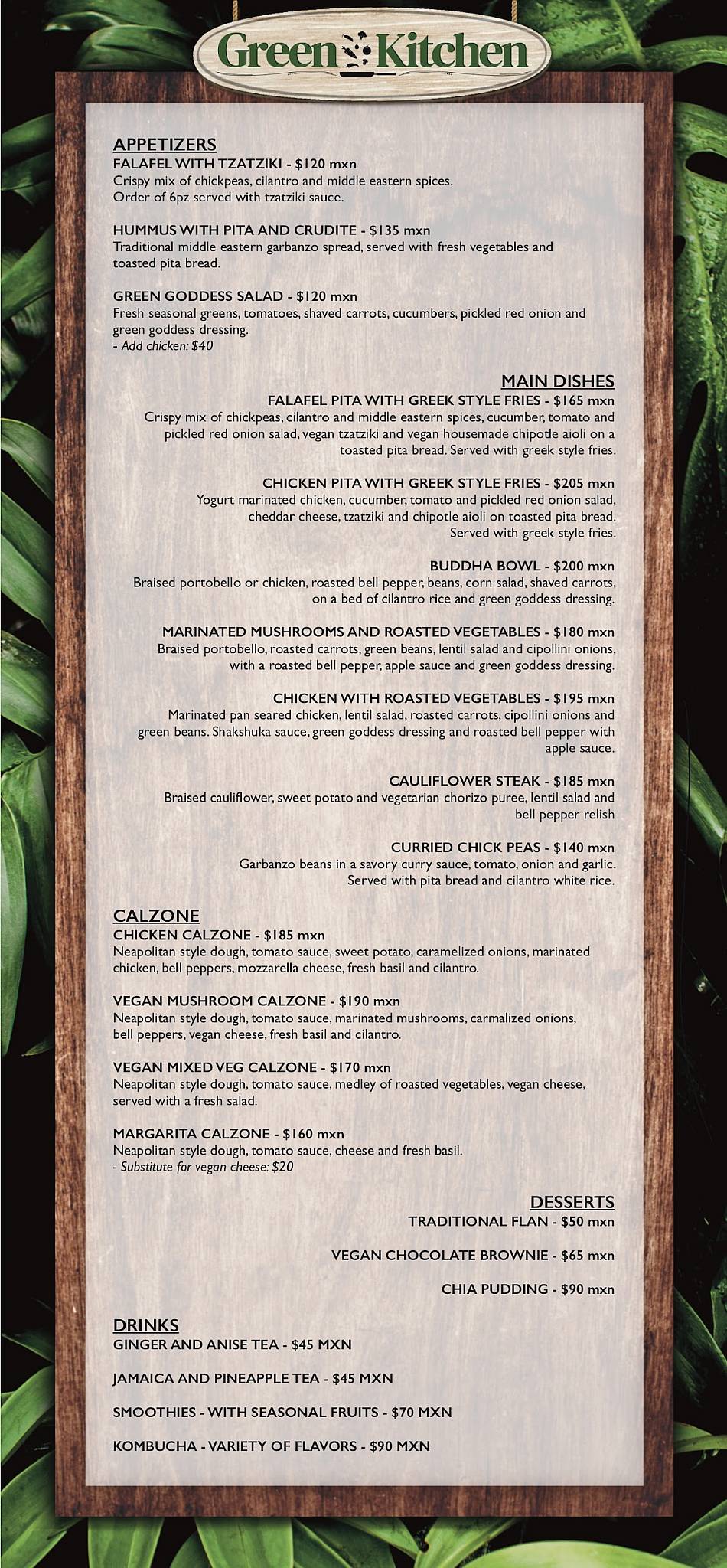 Carta del restaurante The Green Kitchen, Playa del Carmen