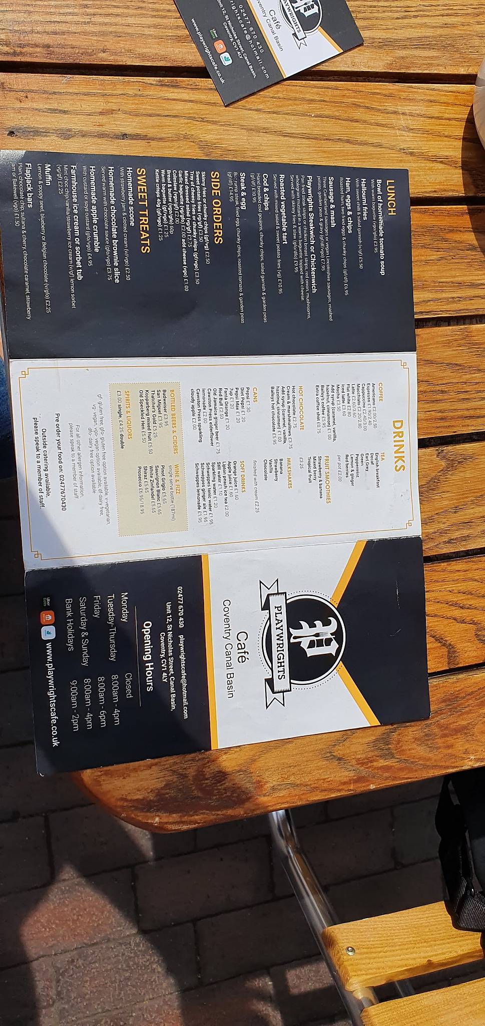 Menu at Playwrights Cafe - Coventry Canal Basin, Coventry