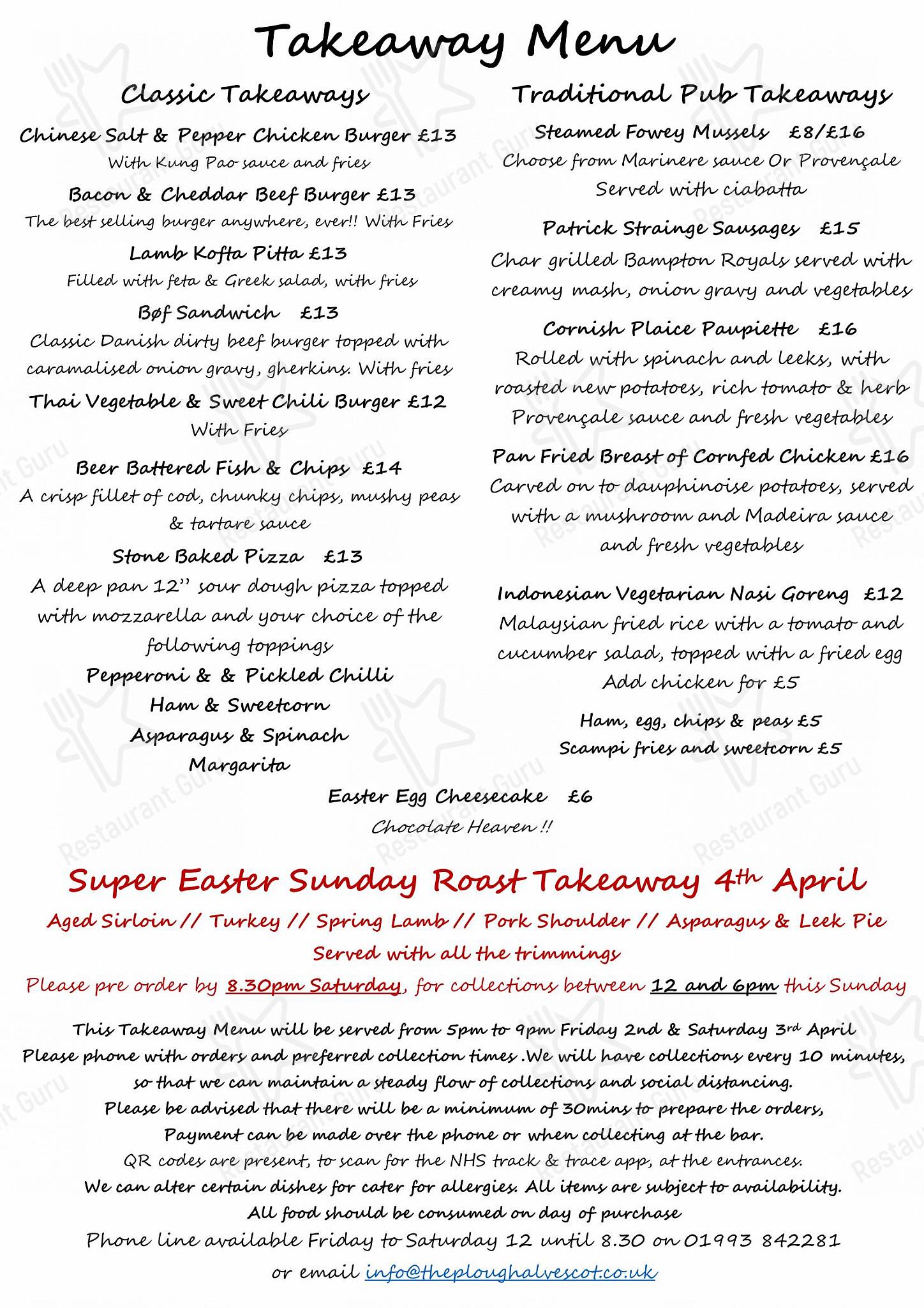 Menu at The Plough Inn Alvescot pub & bar, Clanfield, Main Rd