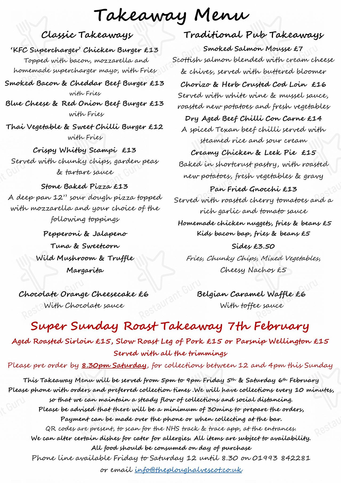 Menu at The Plough Inn Alvescot pub & bar, Clanfield, Main Rd