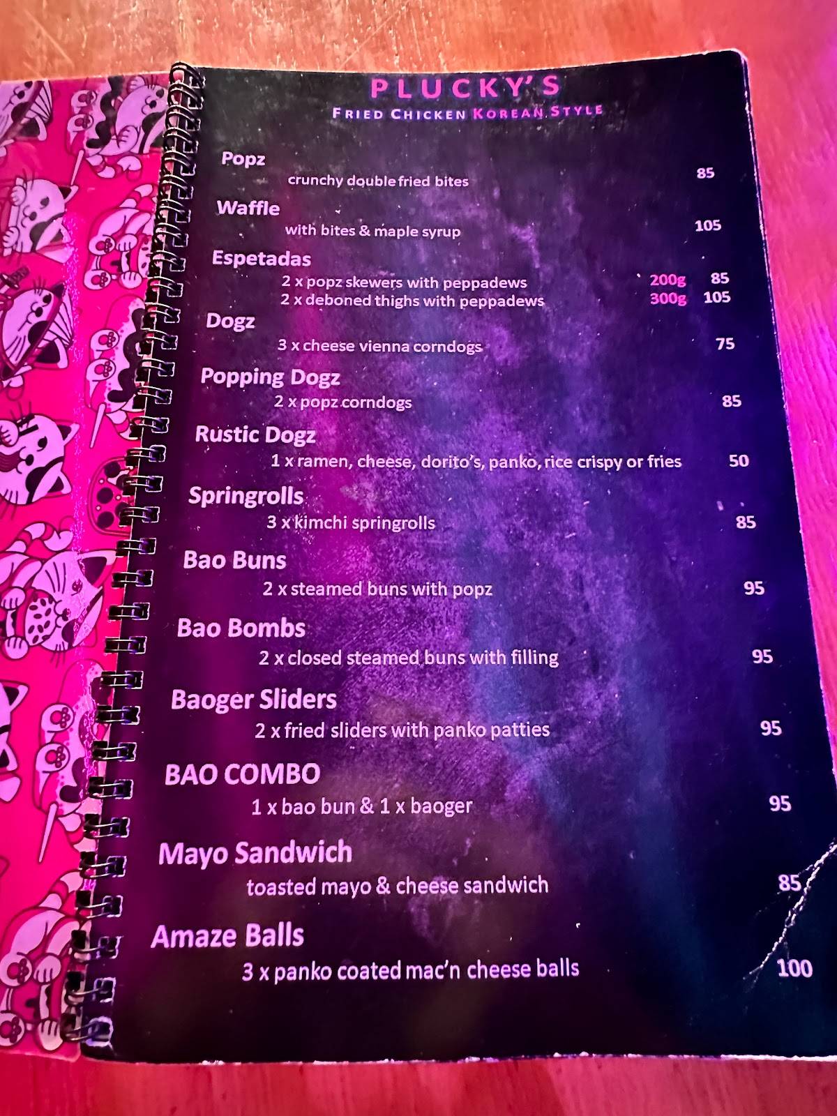 Menu at Plucky's Fried Chicken Korean Style restaurant, Cape Town, 66 Main Road